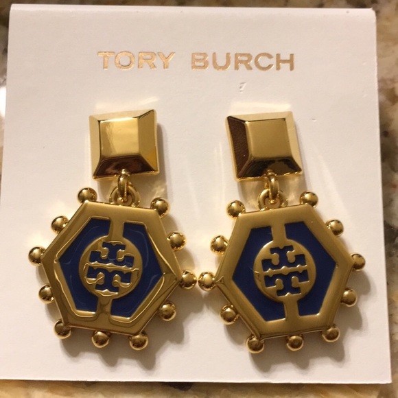 Tory Burch | Jewelry | Tory Burch Gold Blue Tt Face Earrings | Poshmark